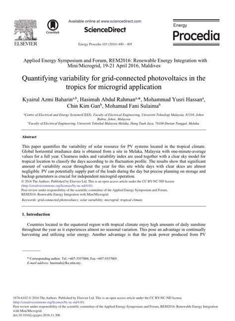 Pdf Quantifying Variability For Grid Connected Photovoltaics In The Tropics For Microgrid