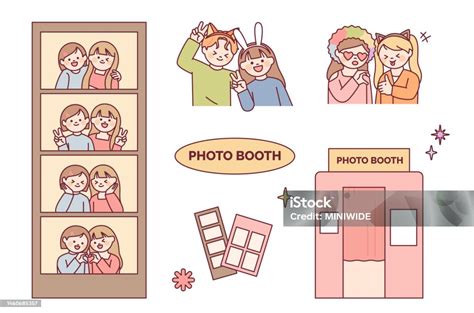 사진 부스에서 사진을 찍습니다 재미있는 머리띠를 착용하고 귀여운 포즈를 취하는 친구와 커플 고풍스런에 대한 스톡 벡터 아트 및 기타 이미지 Istock