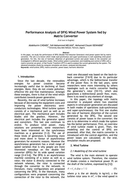 PDF Performance Analysis Of DFIG Wind Power System Fed By Matrix