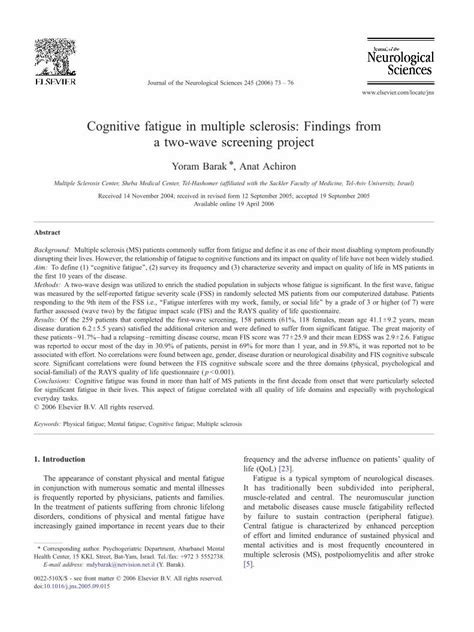 Pdf Cognitive Fatigue In Multiple Sclerosis Findings From A Two Wave Screening Project
