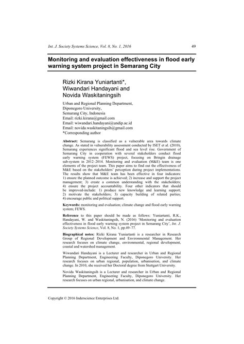 Pdf Monitoring And Evaluation Effectiveness In Flood Early Warning System Project In Semarang City