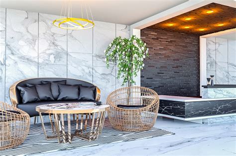 모던 호텔 로비 공간 및 리셉션 데스크 3d 렌더링의 인테리어 가구에 대한 스톡 사진 및 기타 이미지 가구 가정의 방 건축 Istock