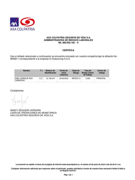 Certificado Afiliacion Arl Colpatria Pdf