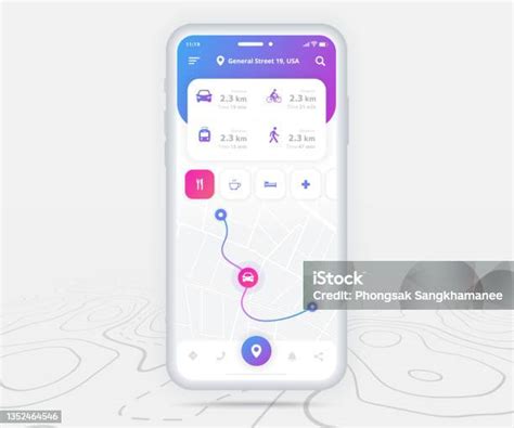 지도 Gps 네비게이션 Ux Ui 개념 스마트 폰지도 응용 프로그램 및 화면에 대상 핀 포인트 응용 프로그램 검색지도 탐색 기술