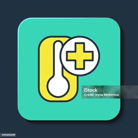 파란색 배경에 격리된 열과 차가운 아이콘을 측정하는 채워진 개요 기상 온도계 덥거나 추운 날씨를 보여주는 온도계 장비 청록색 사각형 버튼 벡터 0명에 대한 스톡 벡터 아트