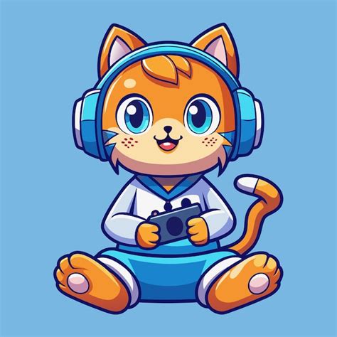 Cute Cat Gamer With Joystick Playing Game With Headphone Cartoon Vector