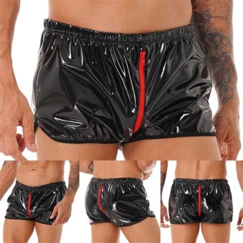Men S Wet Look Faux Leather Trunks Short Pants With Zip In Black M 4XL