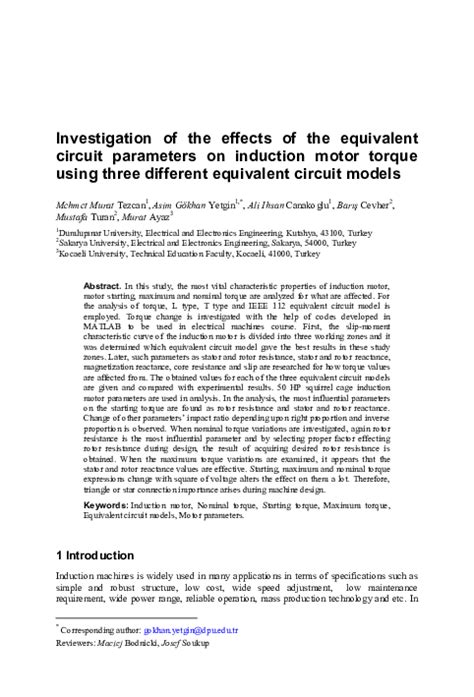 Pdf Investigation Of The Effects Of The Equivalent Circuit Parameters On Induction Motor