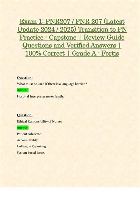 Exam 1 PNR207 PNR 207 Latest Update 2024 2025 Transition To PN