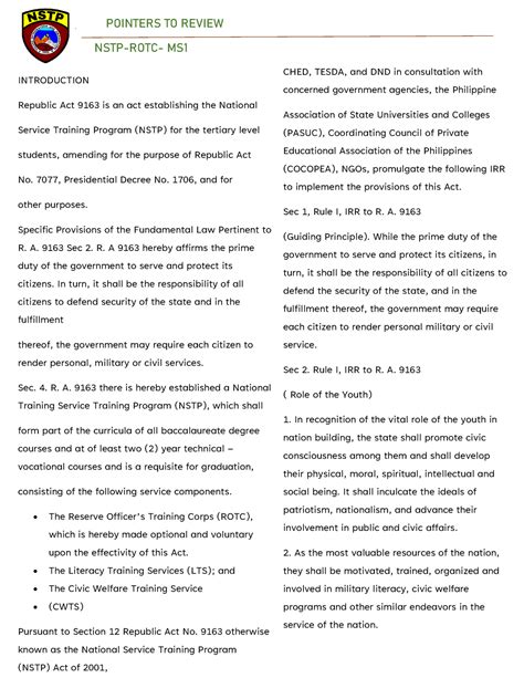 NSTP Reviewer None POINTERS TO REVIEW NSTP ROTC MS INTRODUCTION