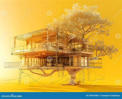 detailed blueprint of a contemporary treehouse design with advanced 3d