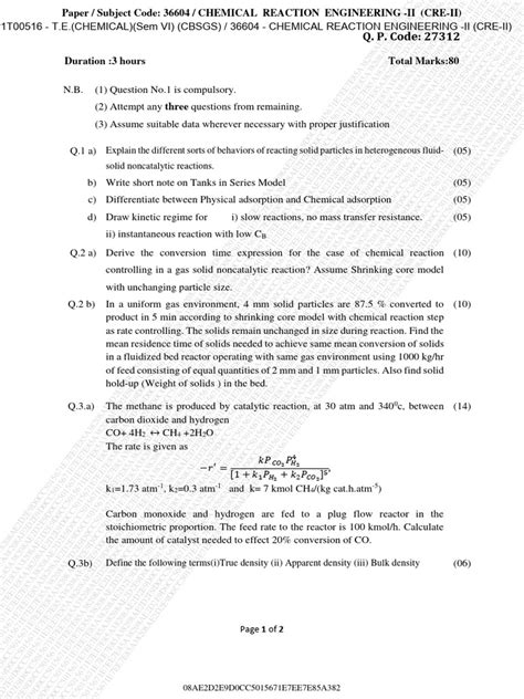 1t00516 Techemicalsem Vi Cbsgs 36604 Chemical Reaction Engineering Ii Cre Ii Pdf