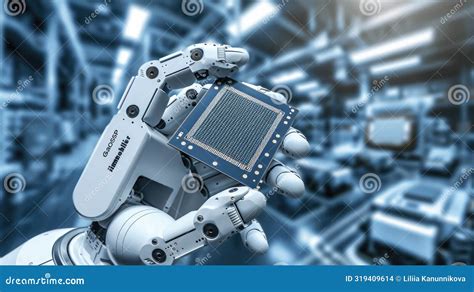 An Industrial Robot Arm Holding A Microchip Against A Background Of