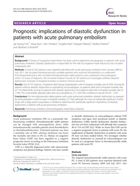 Pdf Prognostic Implications Of Diastolic Dysfunction In Patients With Acute Pulmonary Embolism