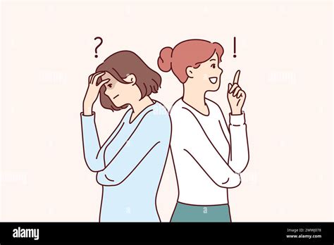 Two Women Solving Same Problem Experience Different Emotions Standing With Backs To Each Other