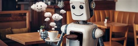 Charming Robot Server in Cozy CafÃ Blending Technology and Tradition Stock Illustration