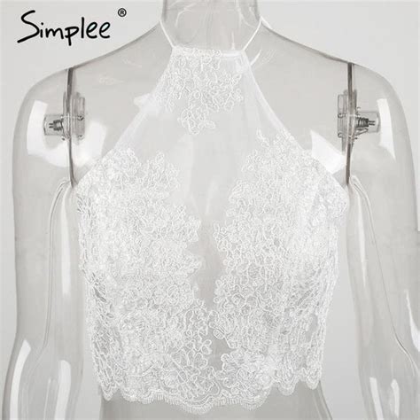Simplee Elegant White Lace Crop Top Summer Beach Backless Short Halter