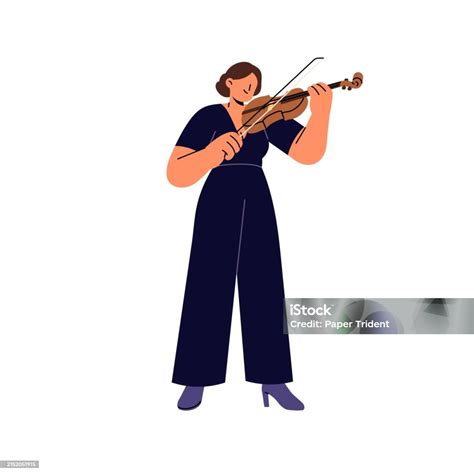 바이올리니스트의 연주 교향곡 바지 정장을 입은 음악가가 활로 바이올린을 연주합니다 재능 있는 아티스트가 비올라 현악기로 음악을 연주합니다 흰색 배경에 평평한 고립 된 벡터
