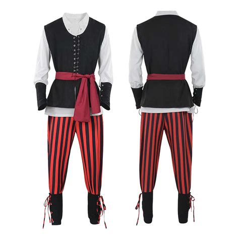 Medieval Renaissance Pirate Cosplay Red Striped Outfits Full Set Retro