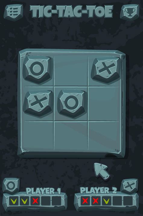 Tic Tac Toe Stone Style Ui Game With Cursor Arrow Cartoon Strategy