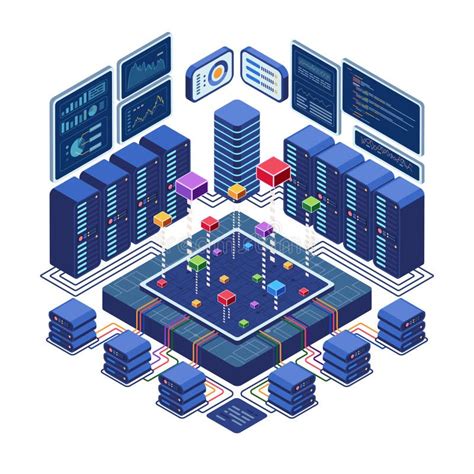 Isometric Data Center Network With Analytics Displays Stock Illustration Illustration Of