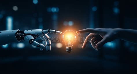 Ai Innovation Human And Robot Hands Touching Light Bulb Idea Technology Future Artificial