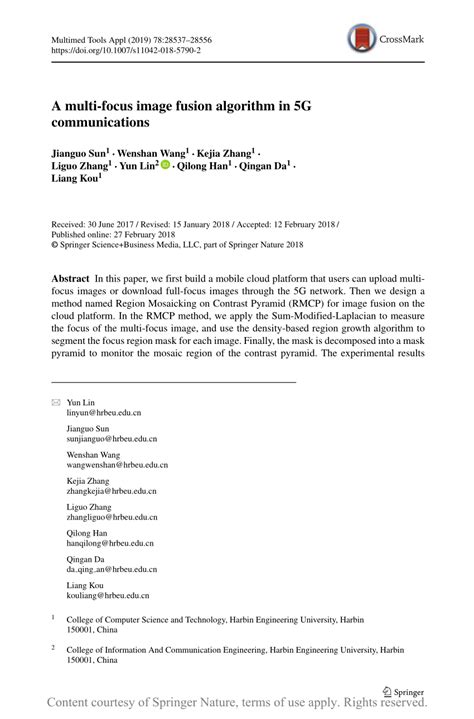 A Multi Focus Image Fusion Algorithm In 5g Communications Request Pdf