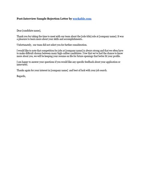 Recruiter Post Interview Sample Rejection Letter Pdf