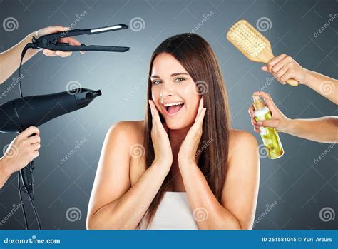 Hair Tools And Portrait Of Woman With Haircare Products For Beauty
