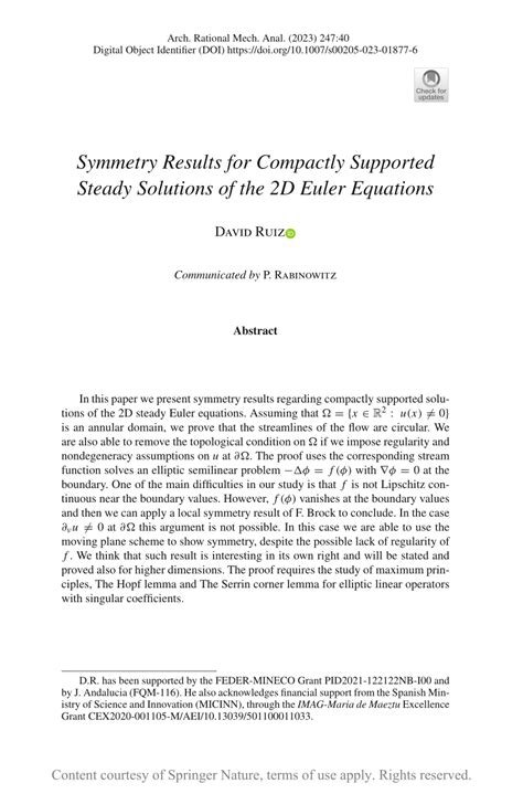 Pdf Symmetry Results For Compactly Supported Steady Solutions Of The