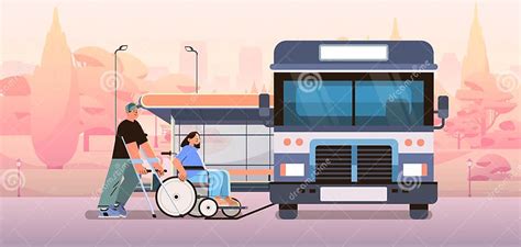 Disabled Passengers Getting On Bus With Help Of Ramp People In