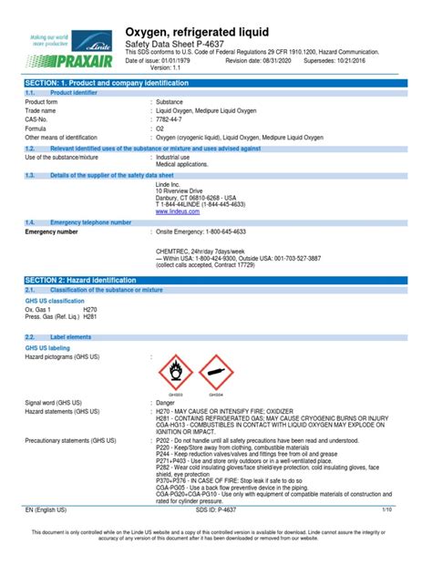 Oxygen Refrigerated Liquid Safety Data Sheet P 4637 Pdf