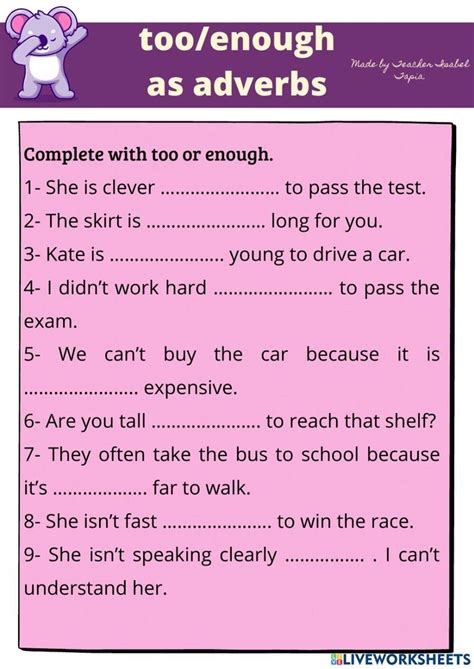 Too And Enough As Adverbs Worksheet