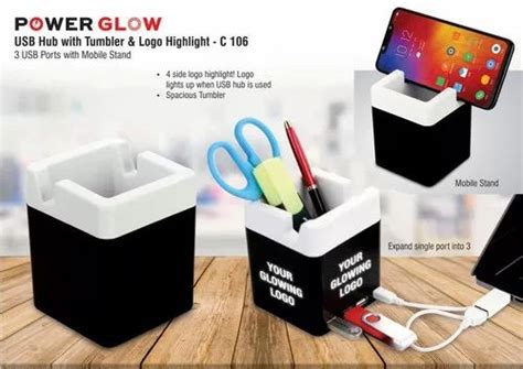 C Powerglow Usb Hub With Tumbler And Logo Highlight Usb Ports With Mobile Stand At