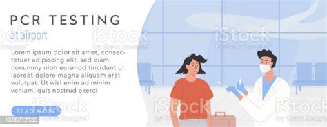 공항 웹 배너 템플릿에서 Pcr 테스트 비행 증명서에 적합 하 고 여행의 개념 출발 전에 코비드 테스트 얼굴 마스크를 쓰고 있는