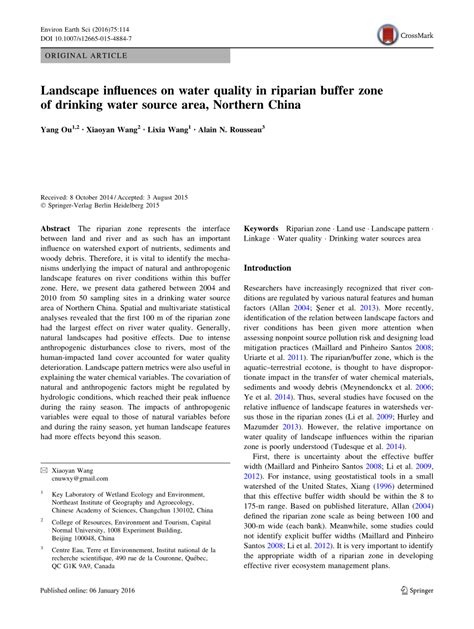 Pdf Landscape Influences On Water Quality In Riparian Buffer Zone Of Drinking Water Source