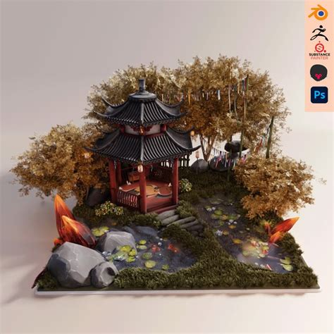 Japanese House Diorama With Pond Miniature Art