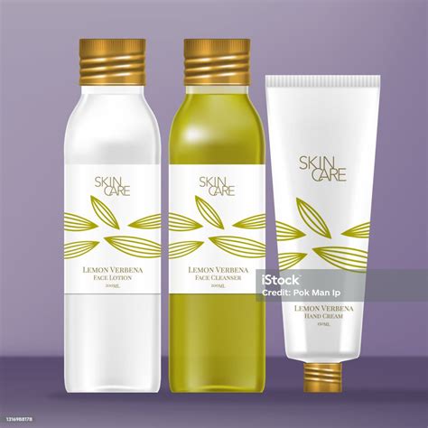 투명 플라스틱 또는 유리 병 및 뷰티 튜브로 설정된 벡터 세면도구 레몬 버베나 테마 디자인메탈 골드 나사 캡 메이크업 화장품에 대한 스톡 벡터 아트 및 기타 이미지 Istock