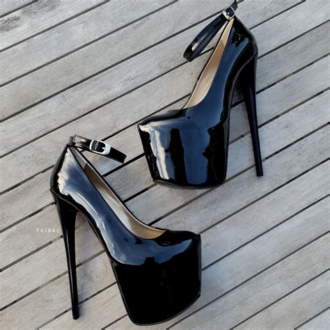 Black Gloss Ankle Strap Classic High Heel Platforms Tajna Shoes