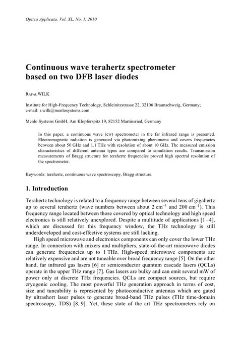 Continuous Wave Terahertz Spectrometer Based On Two Dfb Laser Diodes Docslib