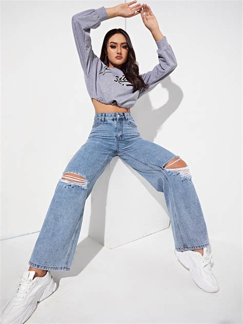 Shein High Waisted Ripped Light Wash Jeans Shein Uk