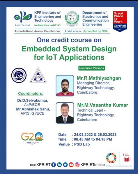 One Credit Course On “embedded System Design For Iot” Kpr Institute