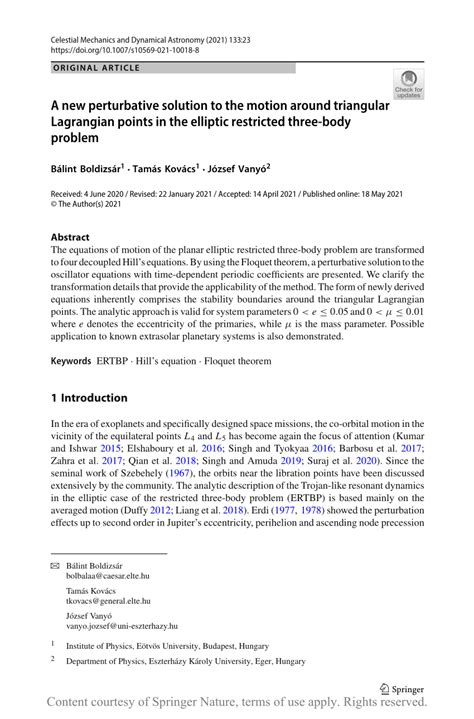 Pdf A New Perturbative Solution To The Motion Around Triangular Lagrangian Points In The