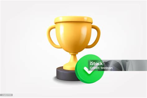 녹색 체크 표시가 있는 트로피 달성 아이콘입니다 흰색 배경에 고립 된 3d 벡터 아이콘 3차원 형태에 대한 스톡 벡터 아트 및 기타 이미지 3차원 형태 개념 개념과