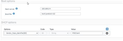 help me to configuration of dhcp option 66 67 for pxe in sophos