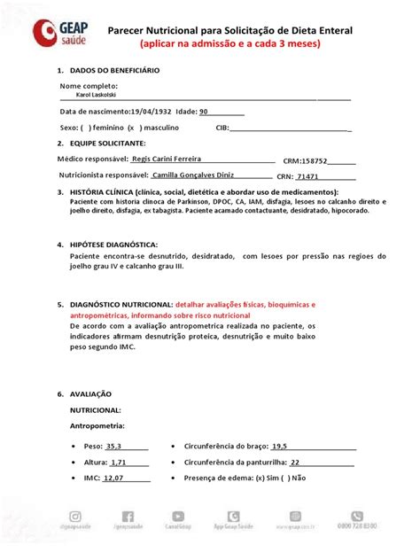 Prescrição De Terapia Nutricional Enteral Para Paciente Idoso Com