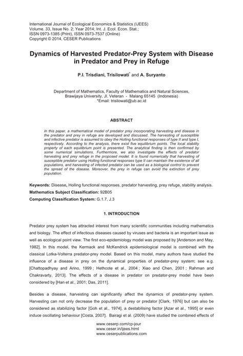 Pdf Dynamics Of Harvested Predator Prey System With Disease In Predator And Prey In Refuge