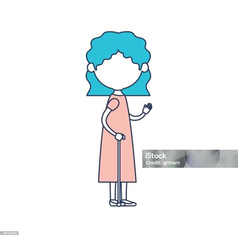 색상 섹션 실루엣에 물결 모양의 짧은 헤어스타일으로 지팡이에 드레스와 익명 풍자 만화 전신 노인 여성 가득 찬에 대한 스톡 벡터