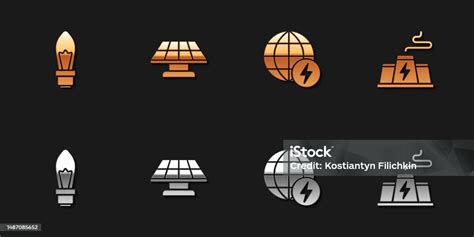 Set Bola Lampu Panel Energi Surya Planet Listrik Global Dan Ikon Pabrik