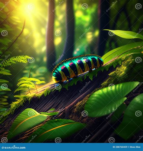 caterpillar in the forest at sunset 3d rendering stock illustration